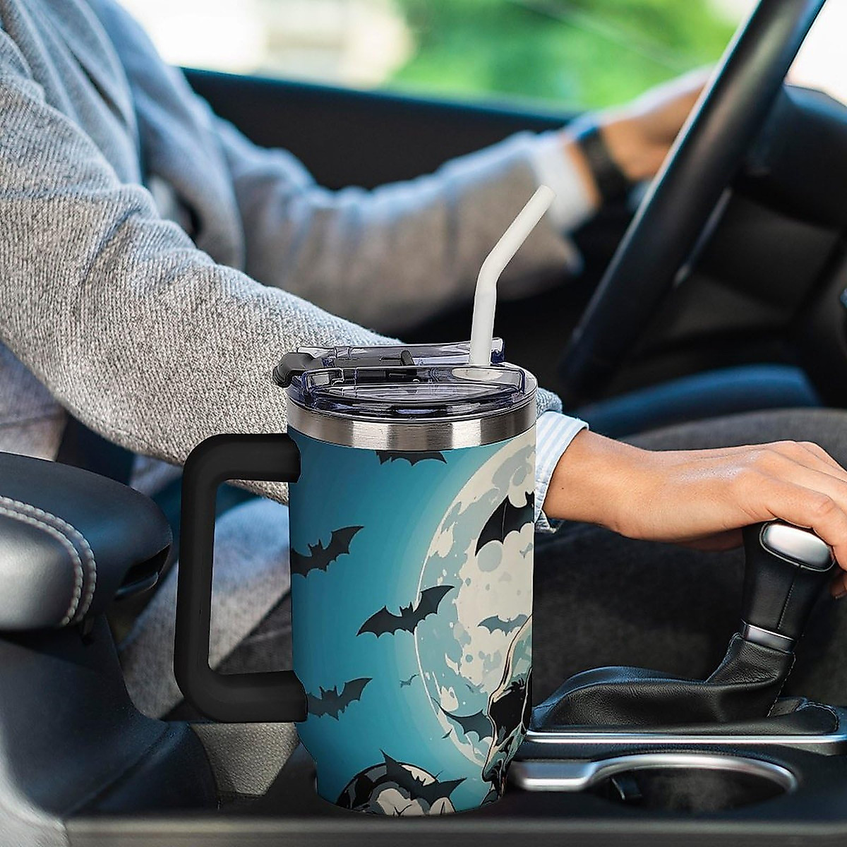 QWJKM Vampire Fangs Tumbler with Handle Large Insulated Car Cup 40 OZ Stainless Steel Travel Mug Leak Proof Water Bottle with Lid And Straw for Car Home Office Gifts