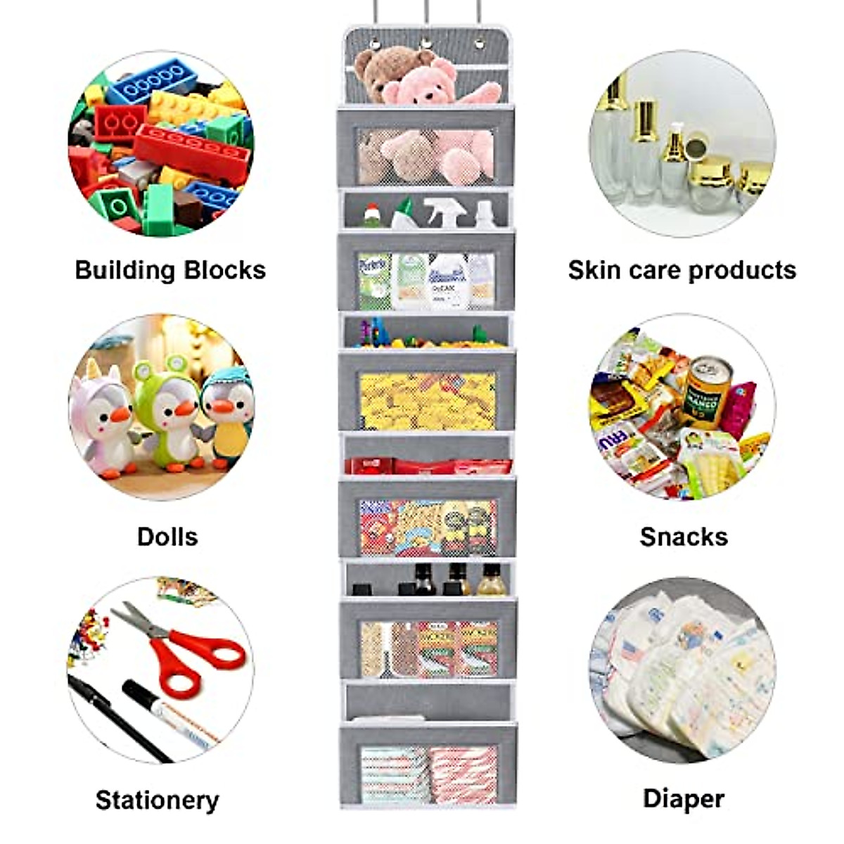 Vaisoz Over The Door Organizer,6 Pockets Fabric Over The Door Storage with Mesh Perspective Window,Wall Mount Hanging Organizer for Bedroom Pantry Closet,Baby Storage-Grey