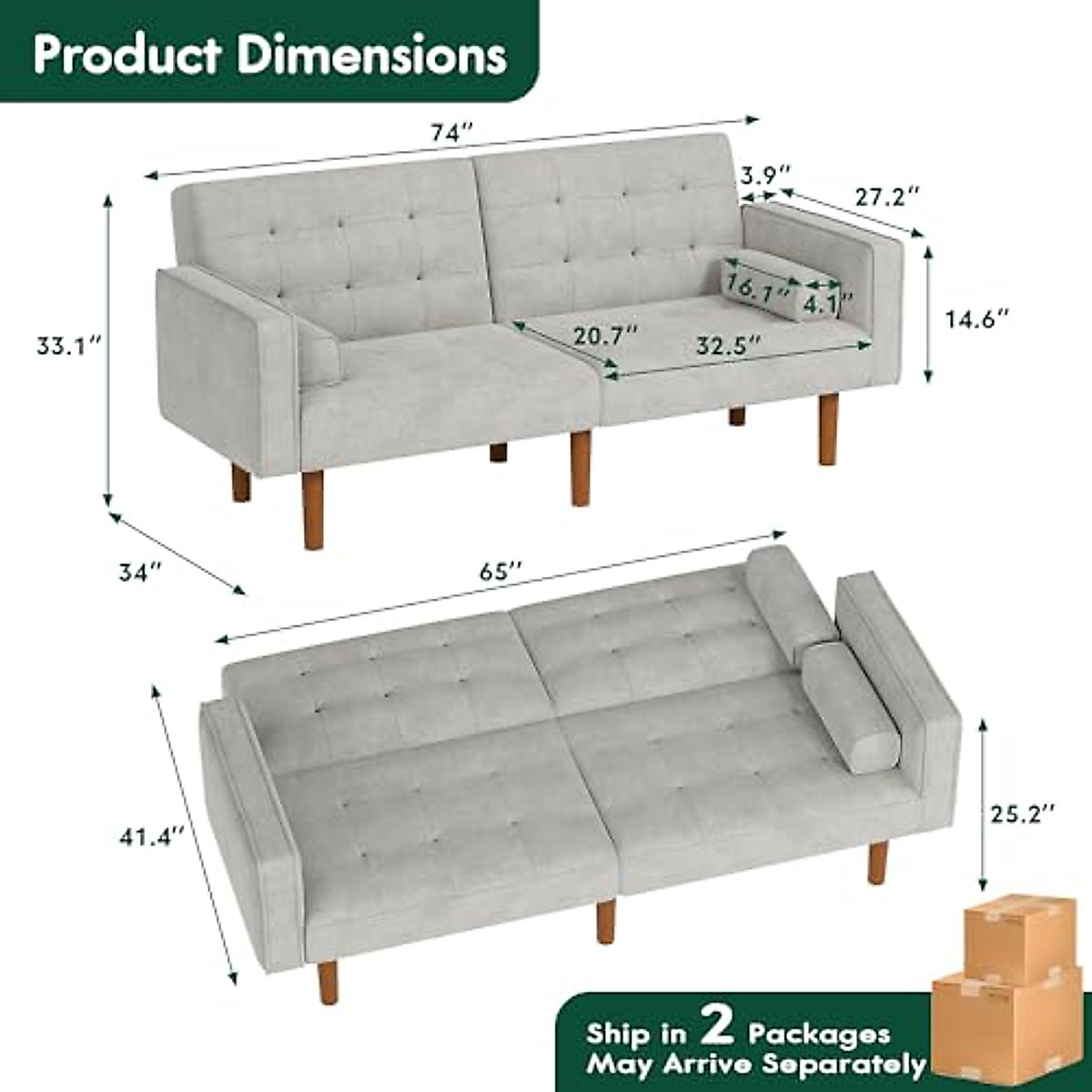 YESHOMY Futon Sofa Bed Convertible Sectional Sleeper Couch, Splitback Loveseat with Tapered Legs, 74", Small Lounge for Living Room, Study and Bedroom, Light Gray