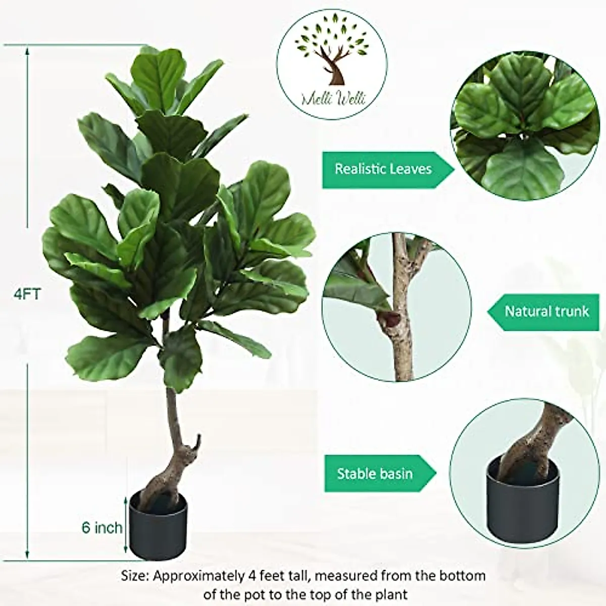 Melli Welli Artificial Fiddle Leaf Fig Tree 4.1FT Tall Fake Fiddle Leaf Fig Plant Faux Tree in Pot Ficus Tree for Home Decor Indoor Outdoor Office Living Room Bathroom Corner