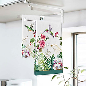 Seliem Summer Hummingbird Geranium Flower Bird Kitchen Dish Towel 2 Pack, Tropical Palm Leaf Monstera Plant Floral Hand Drying Baking Cloth, Spring Botanical Greenery Green Decor Home Decoration 18x26