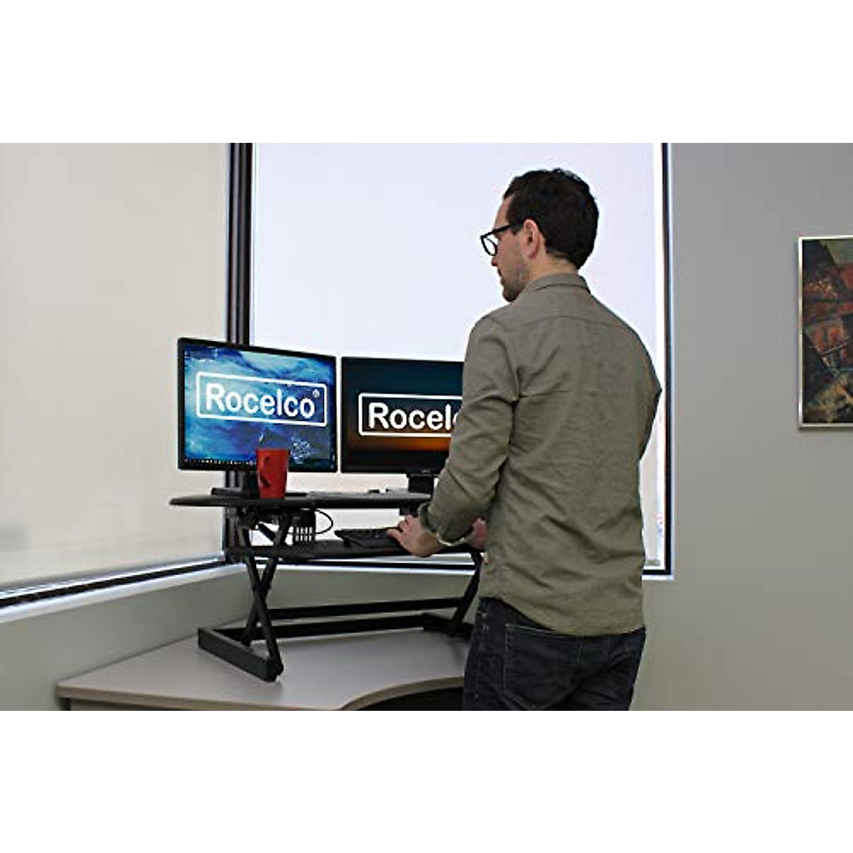 Rocelco 46" Height Adjustable Corner Standing Desk Converter with Dual Monitor Arm Mount BUNDLE - Sit Stand Up Computer Workstation Riser - Extra Large Keyboard Tray - Black (R CADRB-46-DM2)