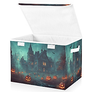 BOESI Castle and Halloween Pumpkin Pattern Foldable Storage Baskets Fabric Boxes with Handle Organizers with Flip-Top Lids Storage Bins for Home Bedroom Office