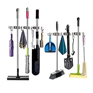VOSIGREEN Broom & Mop Holder, Wall Mount Organizer Hanger for Rakes, Utensils, Tools-3 Clamps, 4 Hooks-17” Self Adhesive or Drillable Installation-For Kitchen, Garage, Garden, Office, Closet, 2 Pack