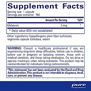 Pure Encapsulations Melatonin 3 mg | Antioxidant Supplement to Support Natural Sleeping* | 180 Capsules