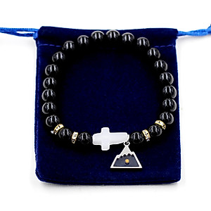 Uloveido Synthetic White Agate Side Cross Bracelet, Black Onyx Beaded, Triangle Mountain Mustard Seed Charm Pendant Y944 (Triangle Mountain)