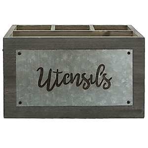 MyGift 4 Compartments Vintage Gray Wood Flatware Organizer and Napkin Holder Caddy with Rustic Metal Handles and UTENSILS Design Galvanized Panel for Kitchen Counter, Dining Room Table, Buffet Server