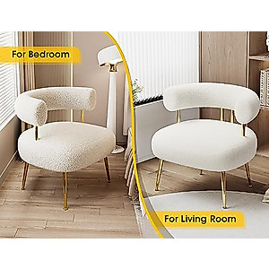 Dewhut Mid Century Sherpa Boucle Accent Chair, Round Upholstered Barrel Arm Chair for Small Spaces, Fluffy Side Corner Sofa Armchair for Living Room, Bedroom, Vanity, Office, Reading Nook(Cream White)