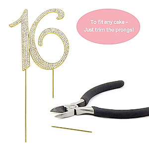16 Cake Topper - Premium Gold Metal - Sweet 16 Birthday Party Sparkly Rhinestone Decoration Makes a Great Centerpiece - Now Protected in a Box
