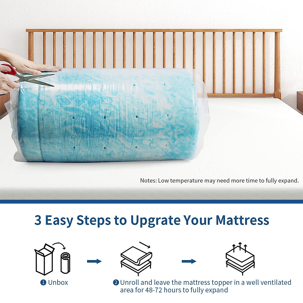 IULULU Mattress Topper, 4 Inch Queen Size Gel Memory Foam Bed Topper, Pressure Relief, CertiPUR-US Certified, Light Blue