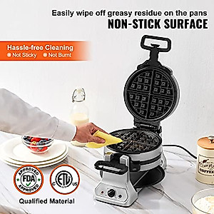 VEVOR 2-Layer Waffle Maker, 1400W Round Waffle Iron, Non-Stick Waffle Baker Machine with Browning Control, 180° Rotable Belgian Waffle Maker, Teflon-Coated Baking Pans, Stainless Steel Body, 120V