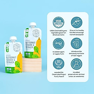 Serenity Kids 6+ Months USDA Organic Veggie Puree Baby Food Pouches | No Sugary Fruits or Added Sugar | Allergen Free | 3.5 Ounce BPA-Free Pouch | Butternut Squash & Spinach | 6 Count