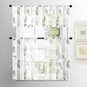 MRTREES Sheer Printed Valance Curtains for Kitchen Windows, Small Modern Rod Pocket Voile Valance Window Treatment Decor for Bathroom Basement(1 Pack, 54" W x 16" L, White with Grey Floral Pattern)
