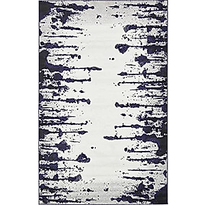 Unique Loom Metro Collection Modern Abstract Vintage Ink Blot Striped Area Rug, 5' 0" x 8' 0", Ivory/Navy Blue