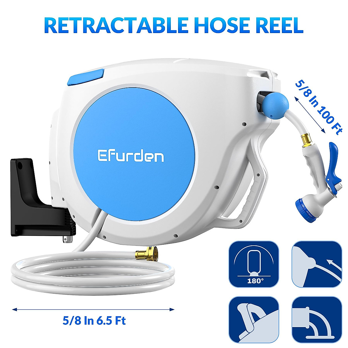 Efurden Retractable Hose Reel, 5/8 Inch x 100ft Wall Mounted Garden Hose Reel with 180 Deg Swivel Bracket and Automatic Rewind