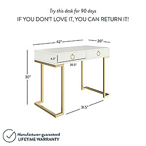 Nathan James Leighton Two-Drawer Writing Glam Accents Brass, Home Office Computer Desk or Vanity Table, 2, White/Gold