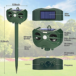 2 Pack Ultrasonic Solar Animal Repellent Outdoor Deer Repellent Waterproof Animal Deterrent Adjustable Frequency Flashing Lights, Animal Repeller Keep Cat Fox Squirrel Skunk Raccoon Out of Yard