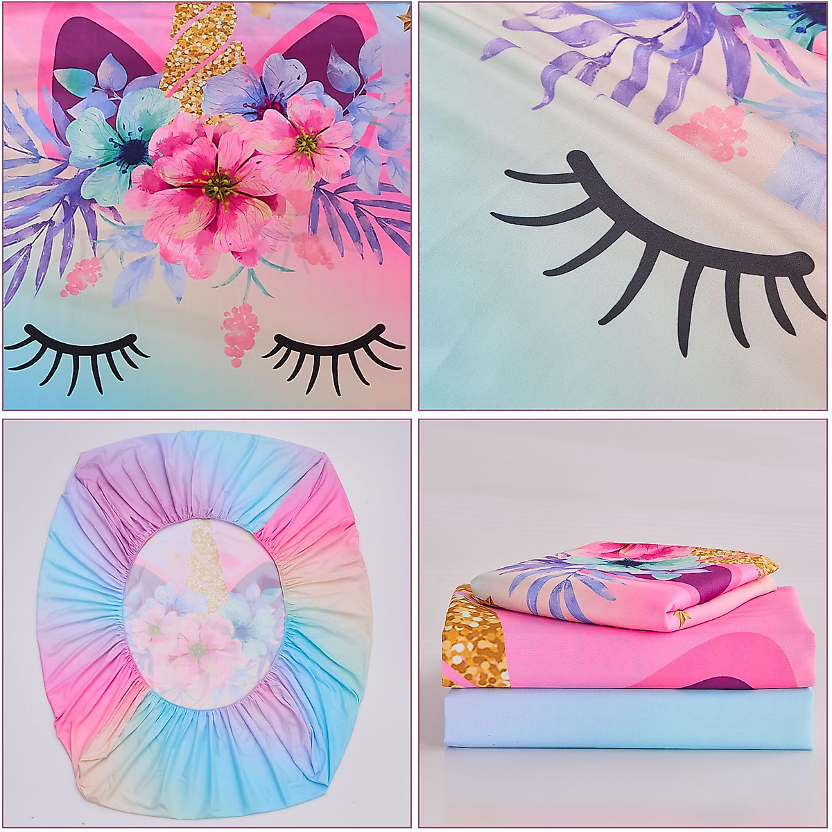 VIVILINEN Twin Size Sheet Set 3 Piece Rainbow Unicorn Kids Bed Sheets Set for Girls Kids Bedding Sheets Toddler Twin Bedding Set Include Flat Sheet, Deep Pocket Fitted Sheet and Pillowcase