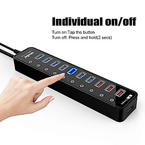 Powered USB 3.0 Hub, Atolla USB 3.0 Data Hub 11 Ports - 7 USB 3.0 Data Ports + 4 Smart Charging Port with Individual On/Off Switches and 12V/4A Power Adapter USB Hub 3.0 Splitter