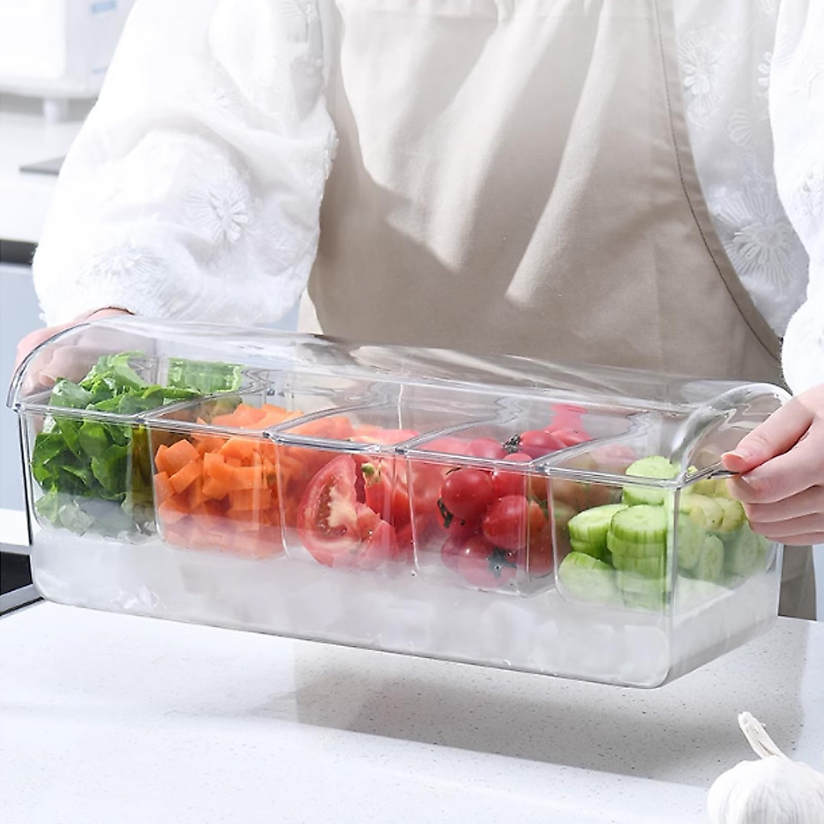 TRBIDRBO Ice Chilled Caddy with 5 Containers and Lid - Chilled Condiment Server for Fruit, Snack, Sauce Garnish Tray - 2.4cup Each Dishes