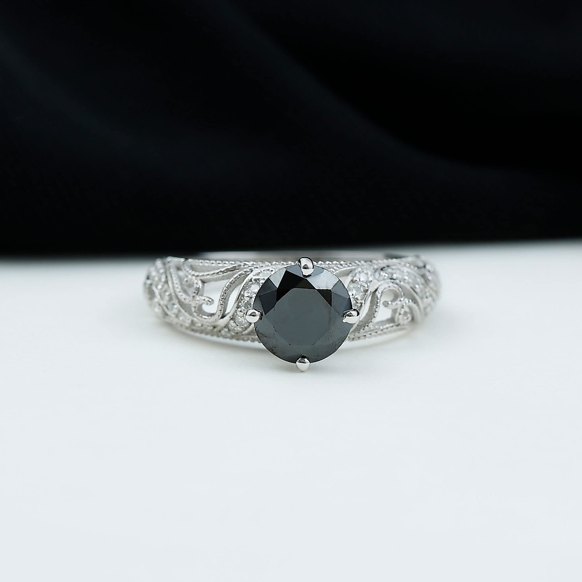 Black Onyx Solitaire Vintage Inspired Engagement Ring with Diamond | 1.50 Cttw | AAA Quality, 14K White Gold, Size:US 7.00