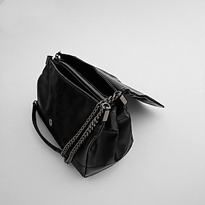 Womens Vintage Black Rock Style Flap Single Shoulder Bag with Chain Strap Faux Leather Luxury Zipper Messenger Handbag Pack Purse Chain Strap Faux Leather Purse
