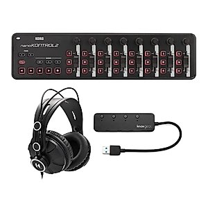 Korg nanoKONTROL2 Slim-Line USB MIDI Controller (Black) with TX-100 Closed-Back Studio Monitor Headphones and 3.0 4 Port USB Hub (3 Items)