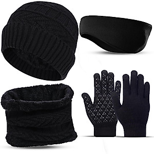 Winter Beanie Hat Scarf Gloves Set, Includes Beanie Hat,Touchscreen Gloves, Neck Warmer,Ear Warmer Set for Men and Women (Black)