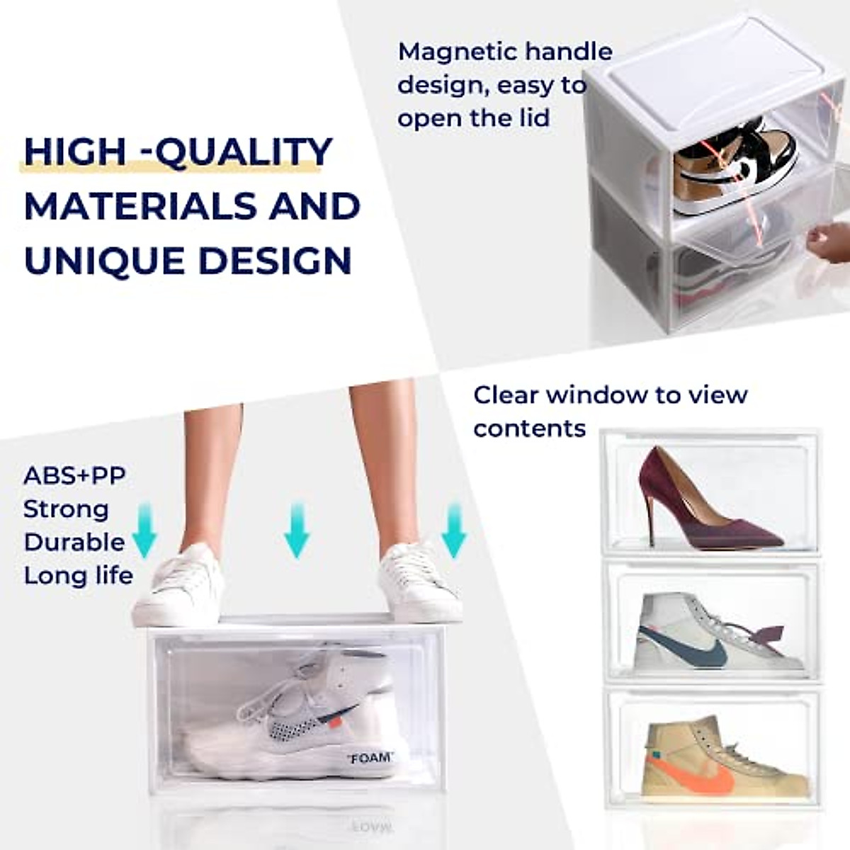 Nimluxe Shoes Storage Boxes,6Pack Sneaker Shoe Boxes Clear Plastic Stackable,Shoe Organizer Boxes with Magnetic Side Opening Lids, Display Case Shoe Container Boxes Fit Shoe Size Up to US 15