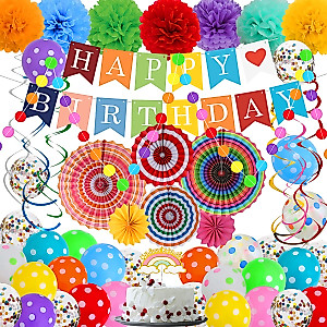 Colorful Birthday Decorations, Rainbow Party Supplies with Paper Fan Decor, Hanging Swirls, Colorful Balloons, Multicolor Happy Birthday Banner