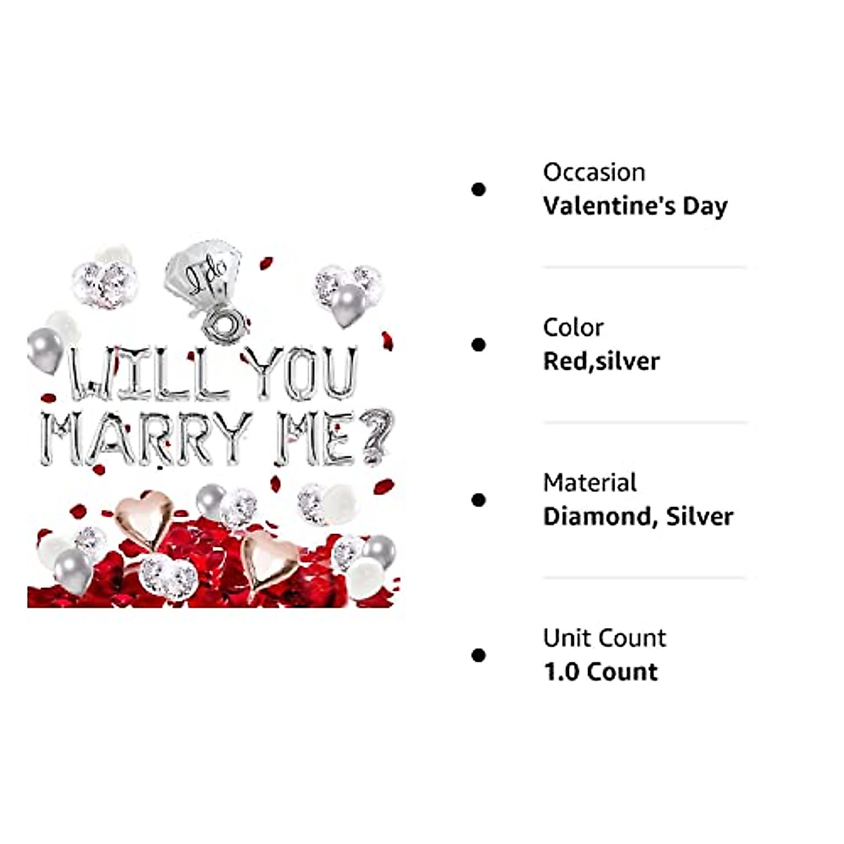 40 Pcs-Silver "Will you marry me" Balloon Pack -Proposal Balloon Banner and 2000 pcs Red Rose Petals proposal Decoration-proposal idea-Diamond ring Balloon-Valentine's Day Proposal (silver floral proposal)