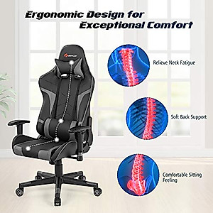 Goplus Gaming Desk & Chair Combo Set, Racing Style X Shaped E-Sport Gamer Desk & PVC Computer Chair w/Cup & Headphone Holder, Mouse Pad, Headrest & Massage Lumbar Support for Home Office (Grey)