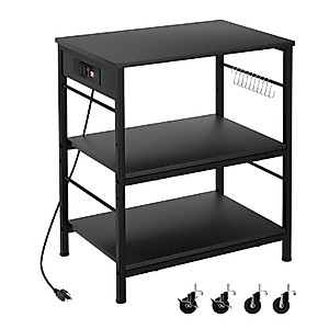 Bakers Rack with Power Outlet Microwave Shelf Stand Black Coffee Bar Table Cart 3 Tier Kitchen Carts on Wheels with Storage and 10 S-Shaped Hooks for Living Room Dining Room Office