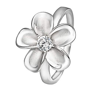 925 Sterling Silver 15mm Hawaiian Plumeria Flower Ring with Cubic Zirconia, 14K Gold Plated, Nickle Free Hypoallergenic for Sensitive Skin, Hawaii Island Jewelry, with Gift Box (7, Silver)