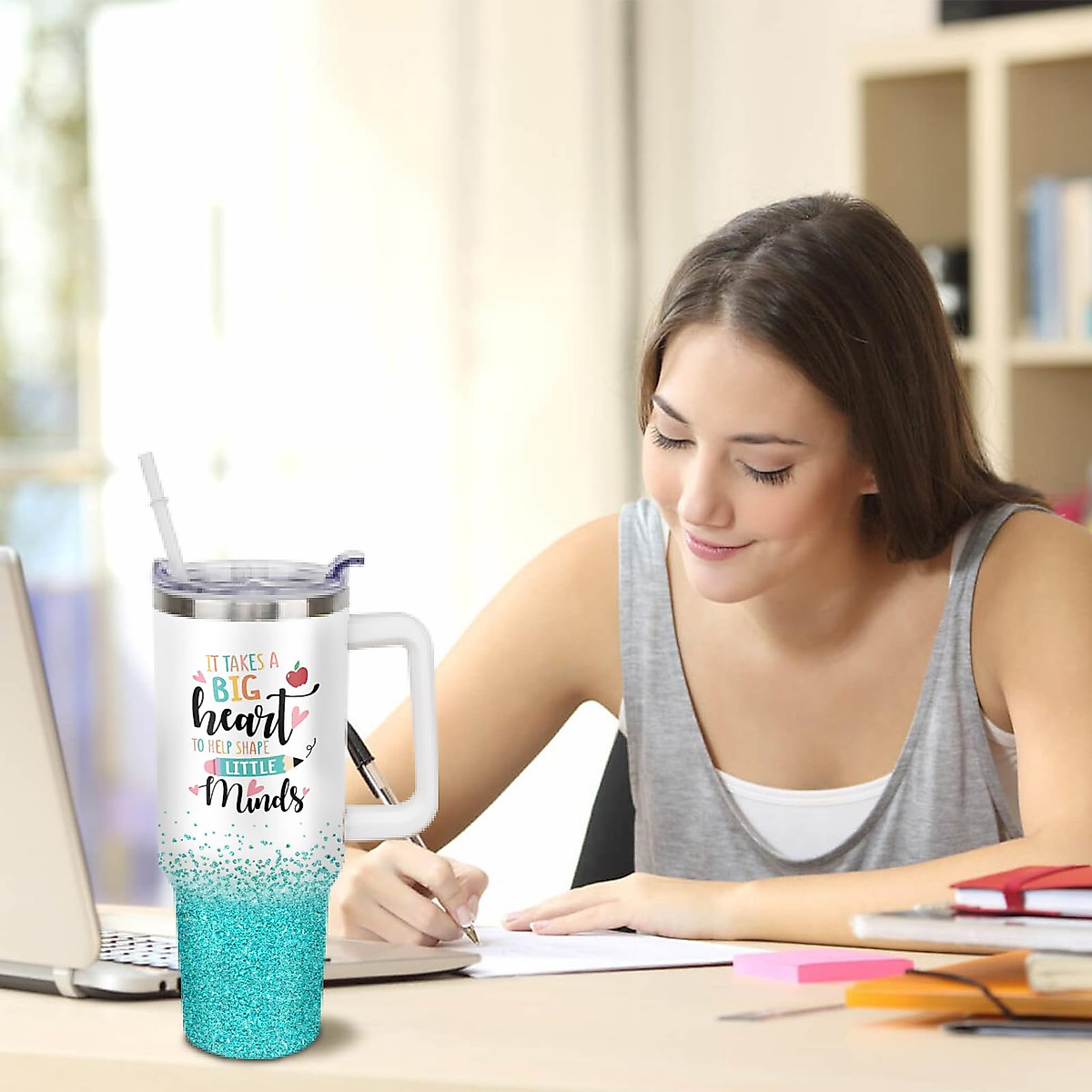 thmasamwr 40oz Teacher Tumbler with Handle, Stainless Steel Teacher Water Bottle Cup, Teacher's Travel Coffee Mug, Thanksgiving,Christmas,Graduation Gifts for Teachers