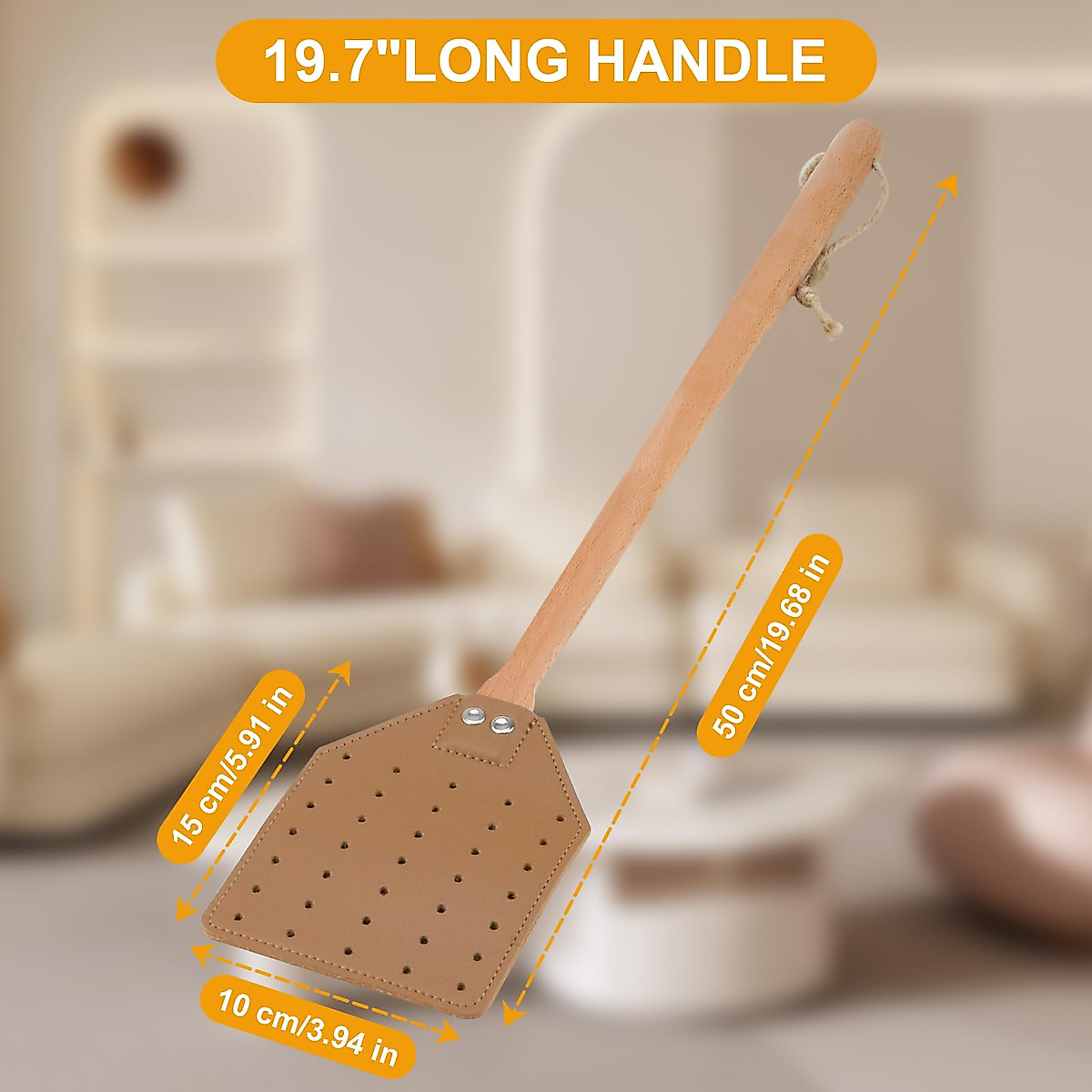 Leather Fly Swatter for Indoors/Outdoors, Heavy Duty Flyswatter with Walnut Wood Handle 19.7" Long Fly swatted Manual for Bug, Flies, Bees, Mosquitoes Brown