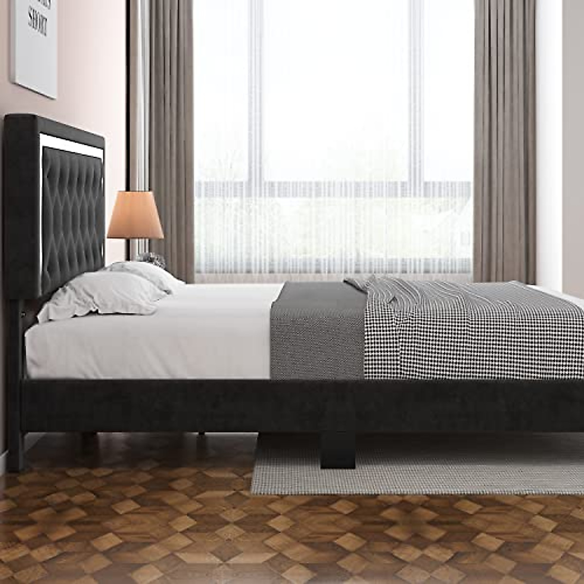 HITHOS Full Bed Frame, Upholstered Platform Bed Frame with Modern Adjustable Headboard, Diamond Tufted Mattress Foundation with Wooden Slat Support, No Box Spring Needed, Easy Assembly (Full, Black)
