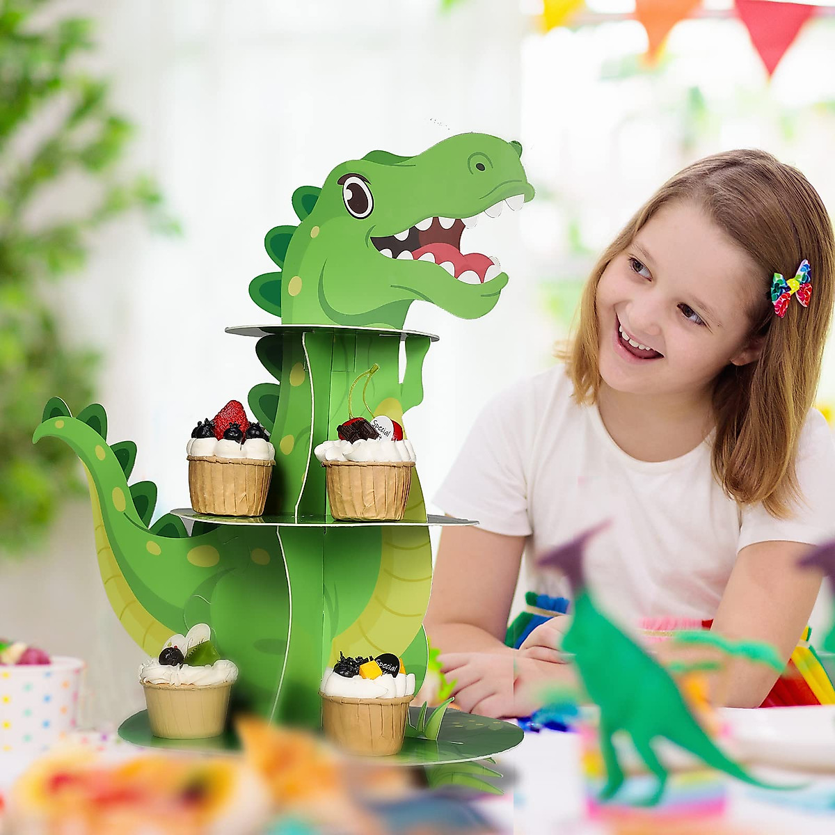 Censen 3 Tier Dinosaur Cupcake Stand Party Decorations Dinosaur Theme Cupcake Holder Decorations Dinosaur Dessert Tower for Kids Dinosaur Jungle Theme Party Birthday Supplies (Lovely)