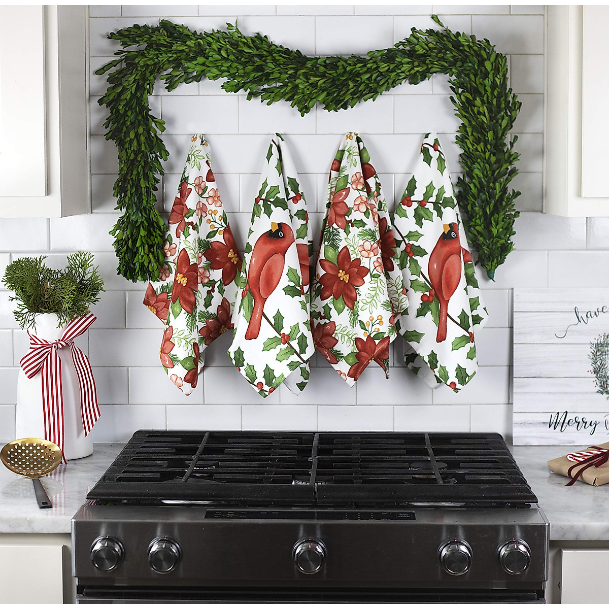 Ritz Dual Print Kitchen Towels, Watercolor Christmas Set, Great Christmas Gift, 100% Cotton, Highly Absorbent, Machine Washable, 4 Pack