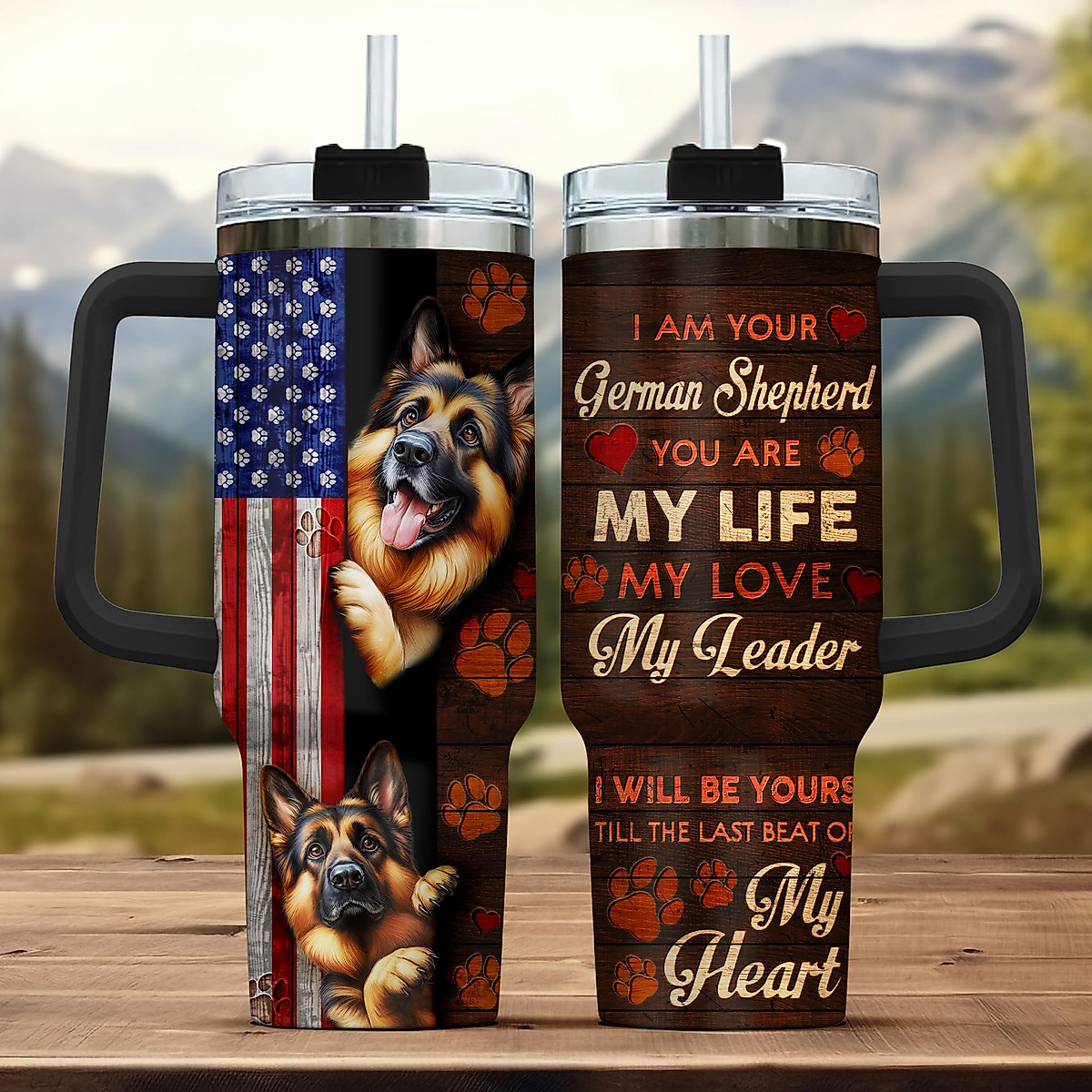 99OWL Patriotic Brown Engraved Best Funny For Adults Women Coffee Cups Cute Worlds Handle, Dog Mom Gifts, Tumbler 40 Oz With Handle Lid And Straw, German Shepherd American
