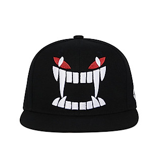 Quanhaigou Men's Black Snapback,Big Teeth Adjustable Baseball Hat 3D Embroidery Cartoon Caps