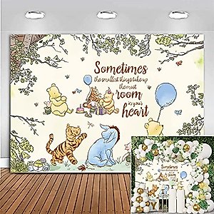 Classic Cartoon Bear Backdrop Baby Shower Decorations Vintage Honey Bear Blue Balloon Photography Background Boys Kids Party Supplies Cake Table Banner Photo Booth Props 7x5FT