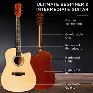 Best Choice Products 41in Beginner Acoustic Guitar Full Size All Wood Cutaway Guitar Starter Set Bundle with Case, Strap, Capo, Strings, Picks - Natural
