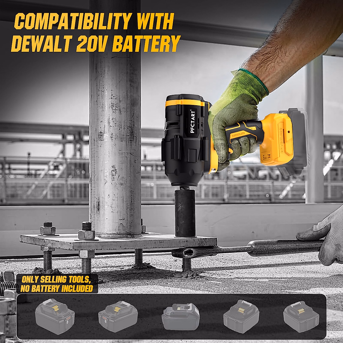 PFCTART Cordless Impact Wrench 1/2, 20V Electric Impact Gun 3300 RPM & Max Torque (1250N.m) 922ft-lbs, Brushless Power Impact Driver with 6 Impact Sockets, Impact Wrench for Tire Lug Nuts