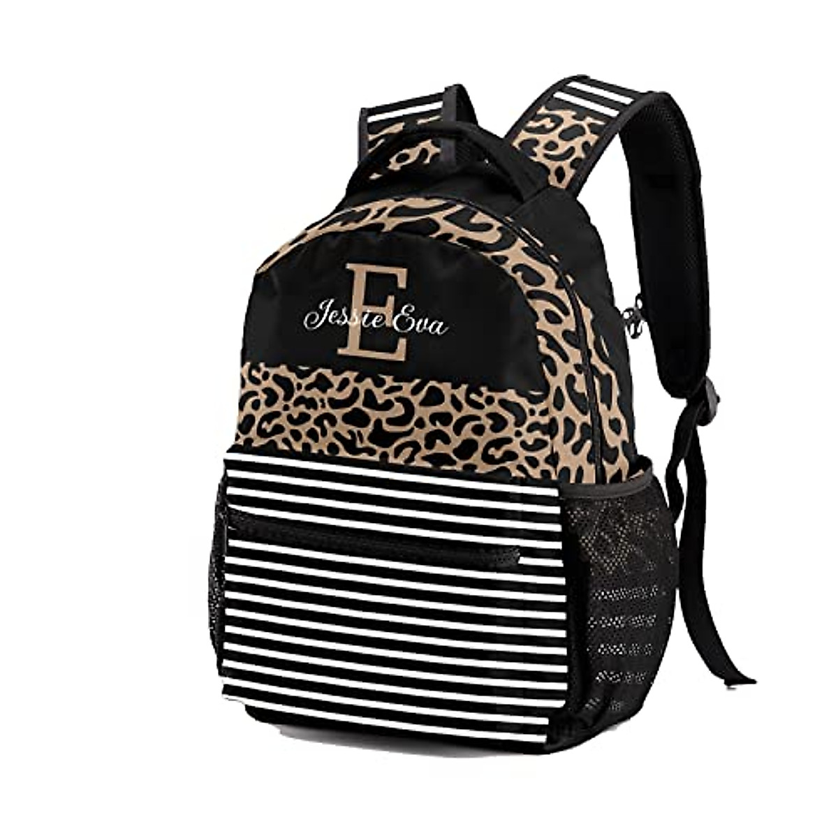 Custom Kid Backpack, Black White Striped Leopard Personalized School Bookbag with Your Own Name, Customization Casual Bookbags for Student Girls Boys