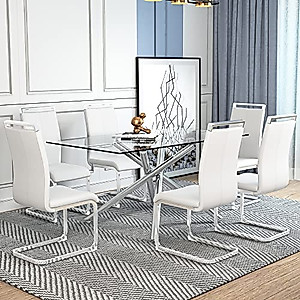 Ebullient 63" Glass Dining Table Set for 6 Modern Tempered Glass Top Dining Room Table with 6 Pcs White Faux Leather Dining Chairs，Kitchen & Dining Room Sets (Silver Base, White)