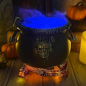 Cauldron Halloween Decor 8" Witch Plastic Cauldron with 12 LED Mist Maker & Splash Guard & Glowing Charcoal Base, Perfect for Halloween Party Decoration Witch Cauldron Decor Haunted House Props
