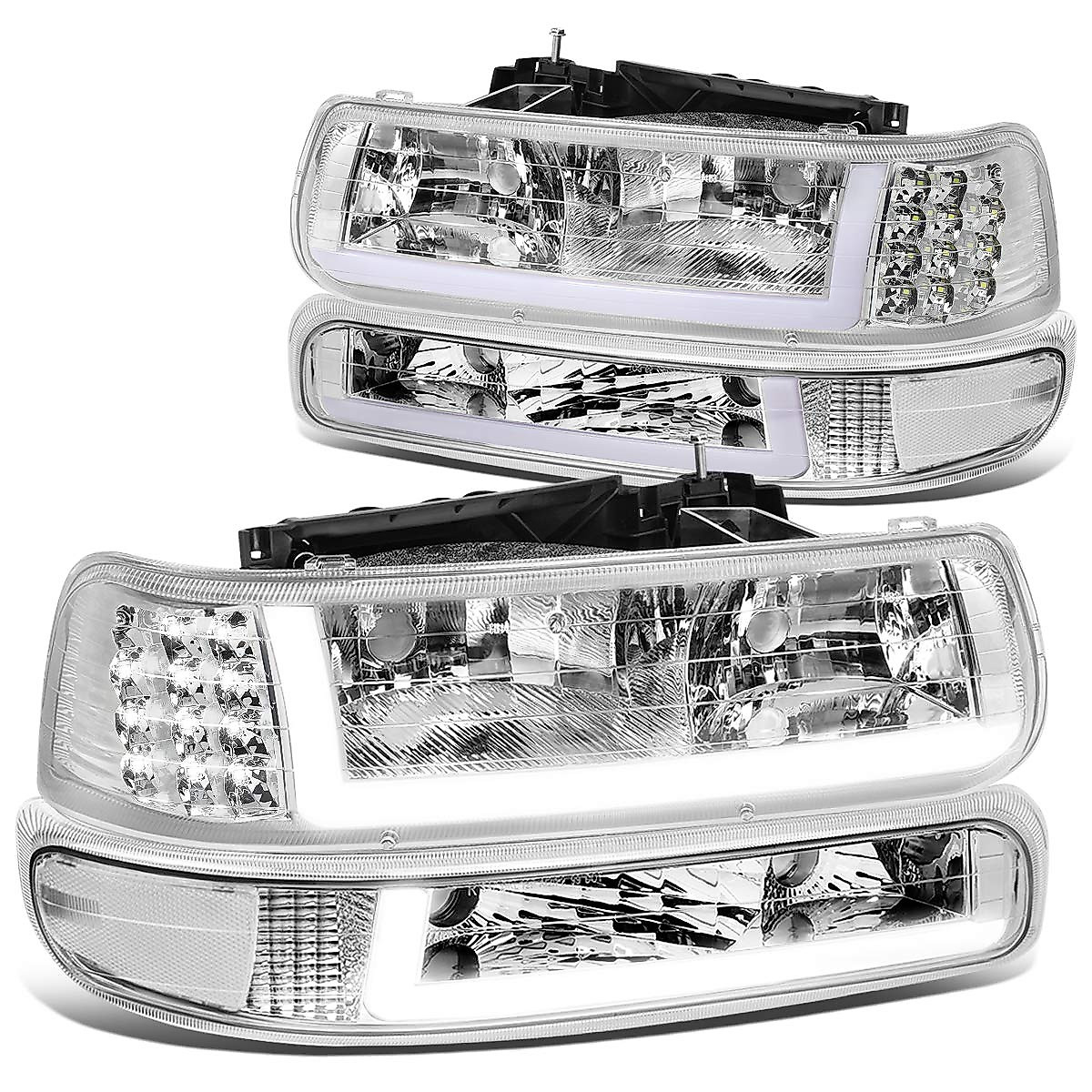 DNA MOTORING HL-LB-CSIL99-CH-CL1 Chrome Housing Pair LED DRL Headlight Bumper Lamps Replacement For 99-02 Silverado