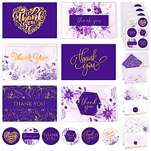 Decorably Thank You Cards with Envelopes & Stickers, Gold-Foiled Cards, 24 Pack Purple Thank You Cards with Envelopes Purple, Blank Inside Thank You Cards Purple, 6x4in Purple and Gold Thank You Cards