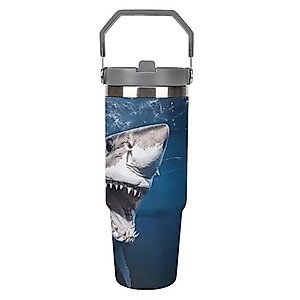 Great White Shark Opens Mouth 30 Oz Tumbler with Handle And Flip Straw, Stainless Steel Vacuum Insulated Travel Mug, Thermal Cup for Coffee, Water, Iced Drinks, Fits Car Cup Holders (Home, Sports)